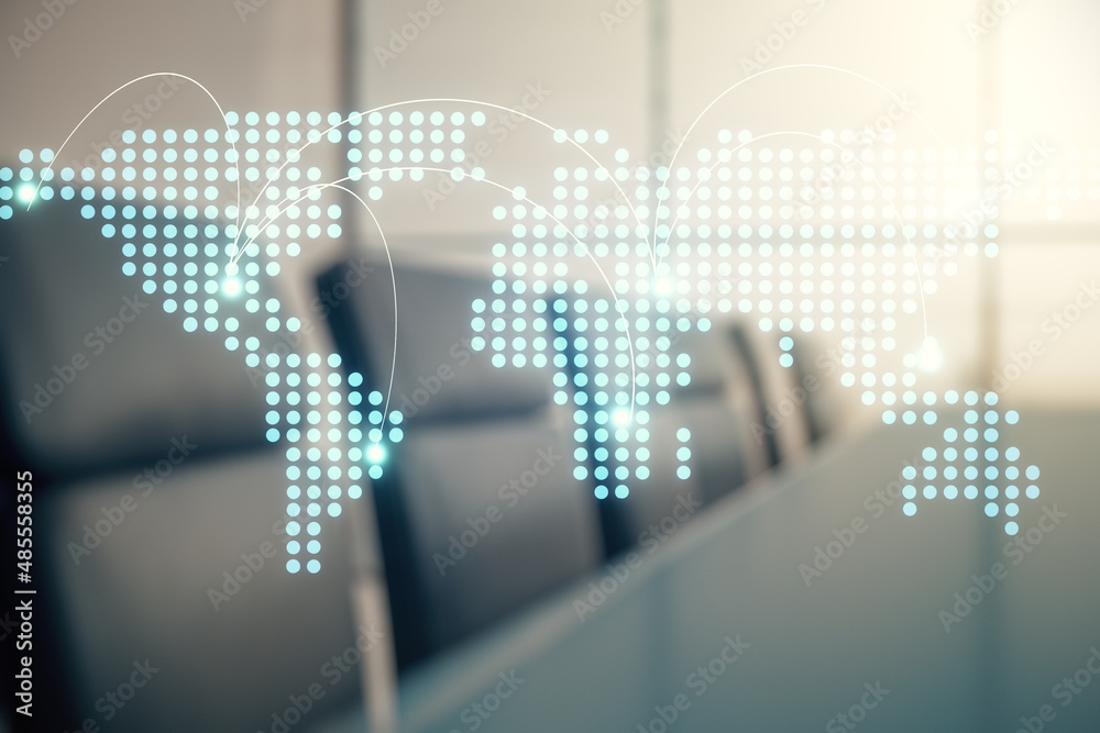 Abstract virtual world map with connections on a modern conference room ...
