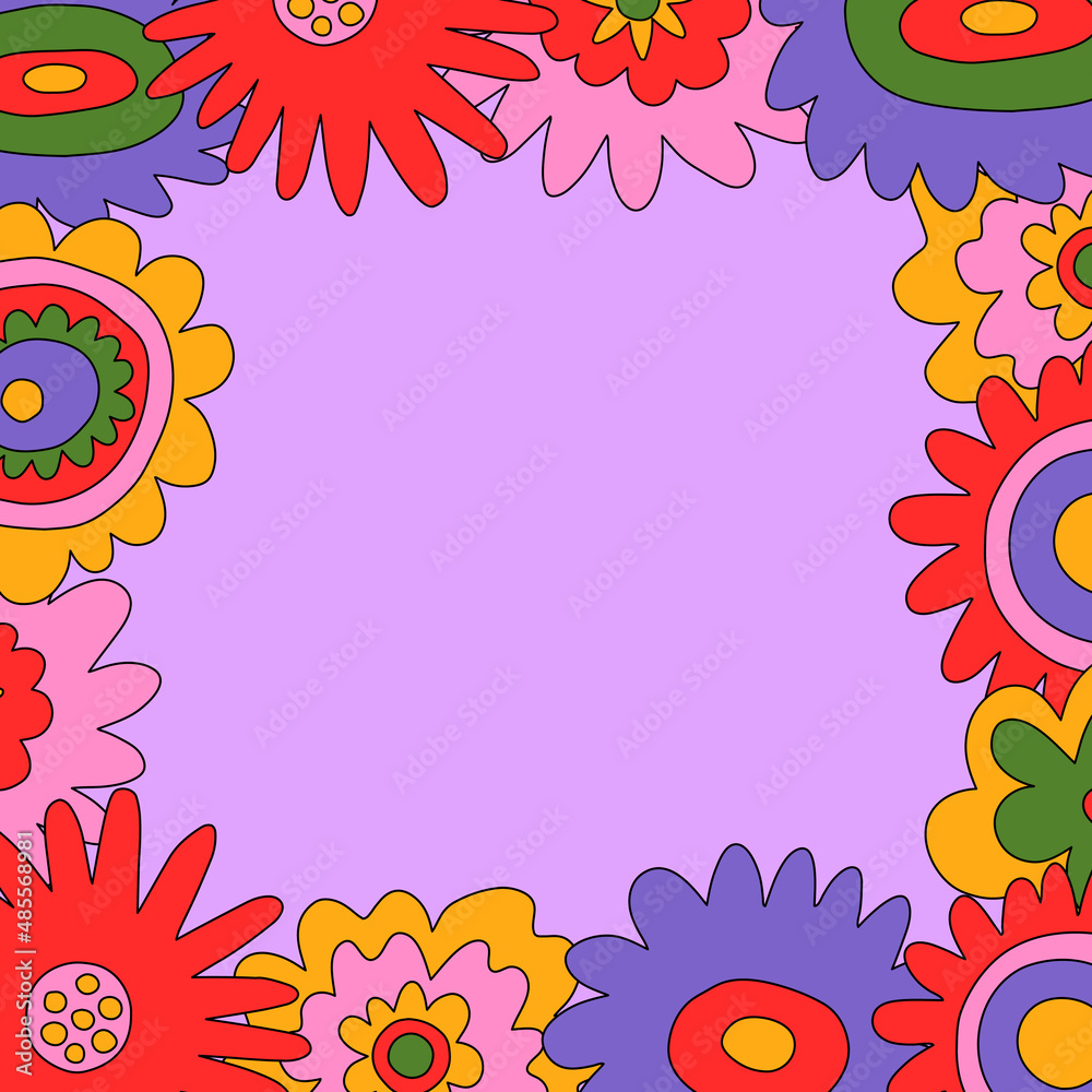 vintage vector frame template in hippie style.70s and 60s funky and ...