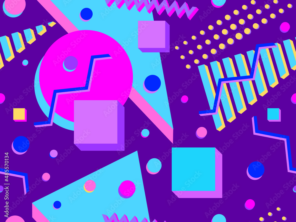 Seamless pattern with 3d geometric shapes in the style of the 80s ...