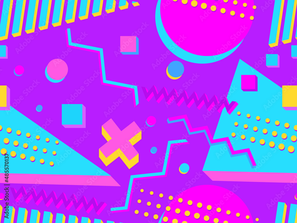 Seamless pattern with 3d geometric shapes in the style of the 80s ...