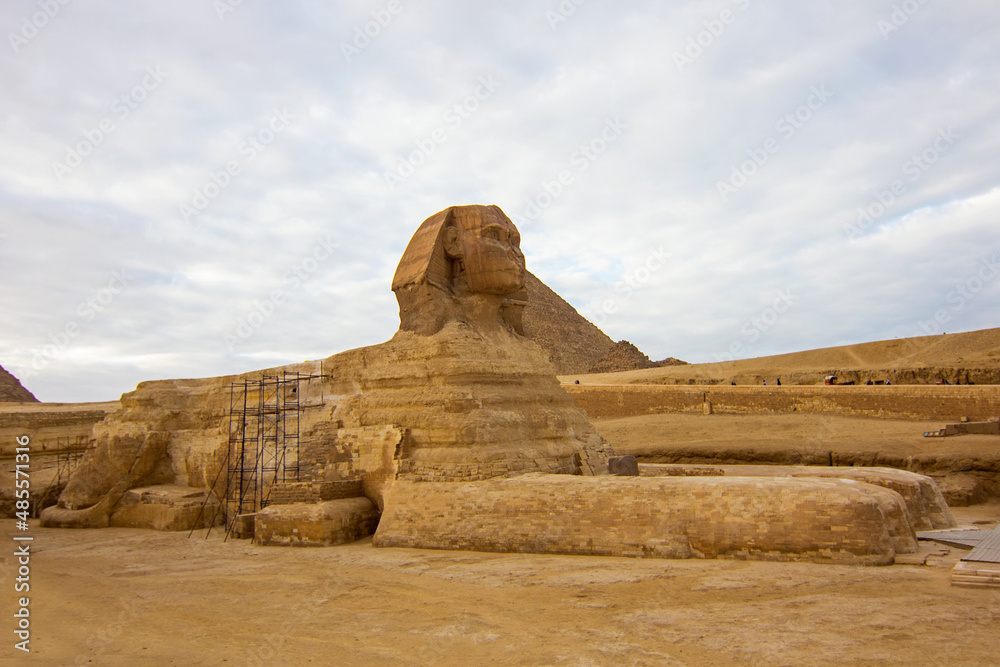 Sphinx, ancient Egyptian limestone statue of a mythical creature with a ...