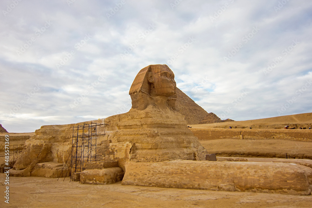 Sphinx, ancient Egyptian limestone statue of a mythical creature with a ...