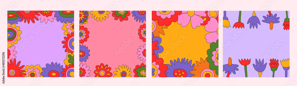 vintage vector frame templates in hippie style.70s and 60s funky and ...