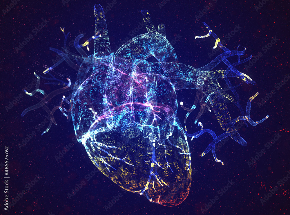 Human heart of neon particles. Bright magic heart health concept art in ...