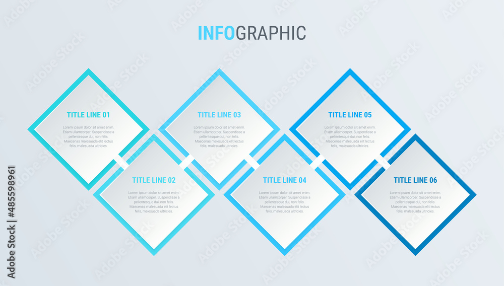 Blue diagram, infographic template. Timeline with 6 steps. Square ...