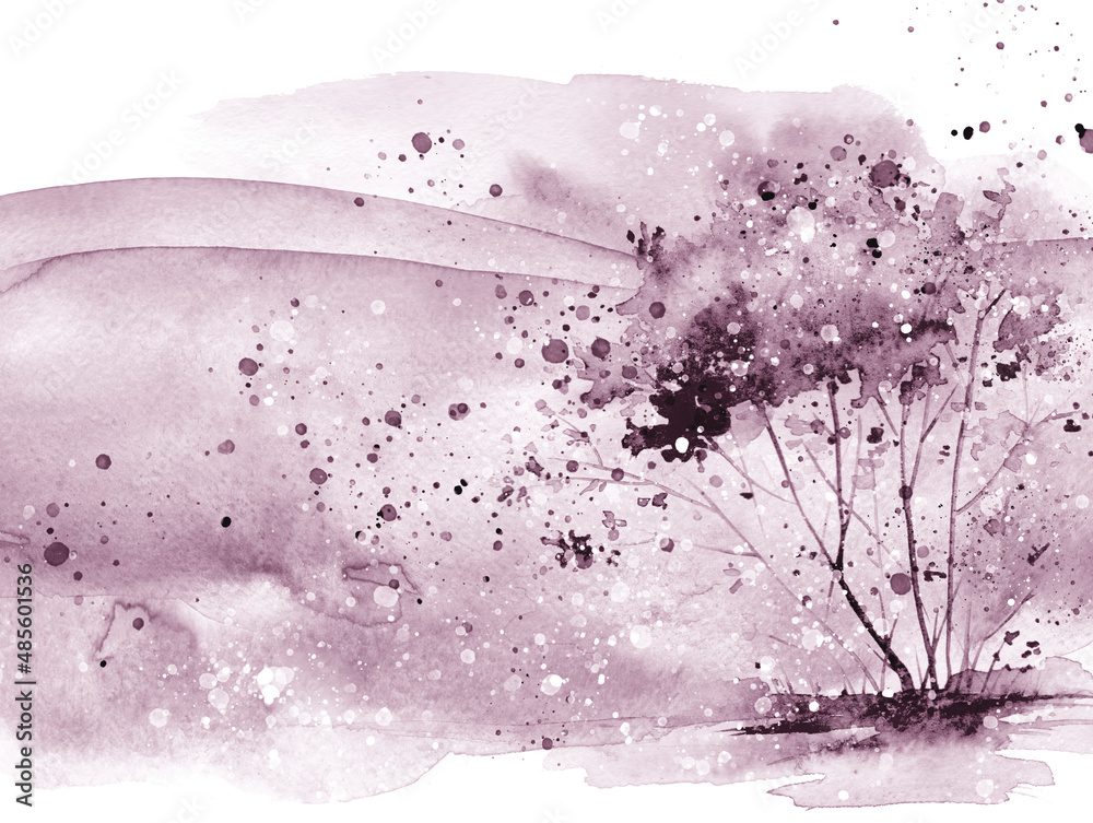 Watercolor landscape. Sunset, eclipse. trees, bushes, field, wild grass ...