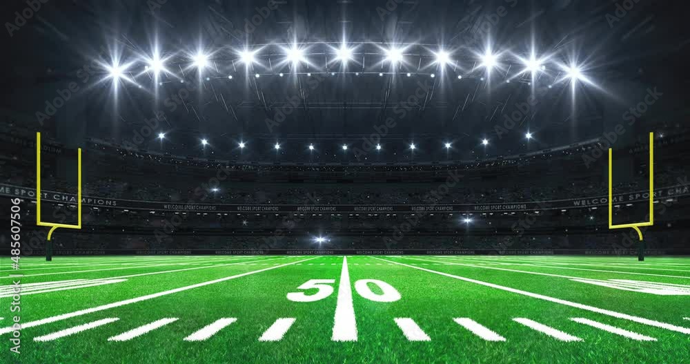 American football stadium with yellow goal posts on sides, grass field ...
