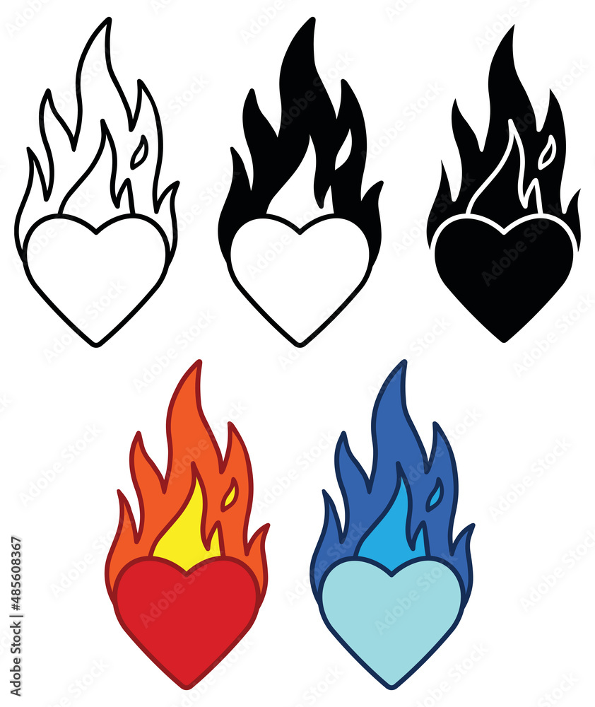 Heart on Fire Clipart Set - Outline, Silhouette and Color vector de ...