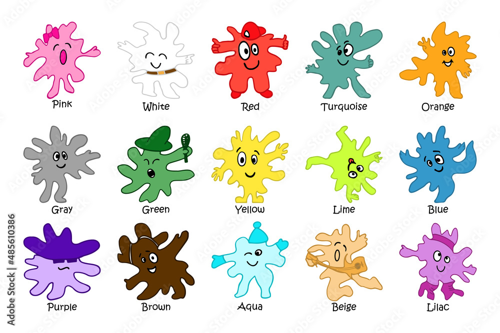 Color ink blobs, splashes of liquid paint with friendly smiling faces ...