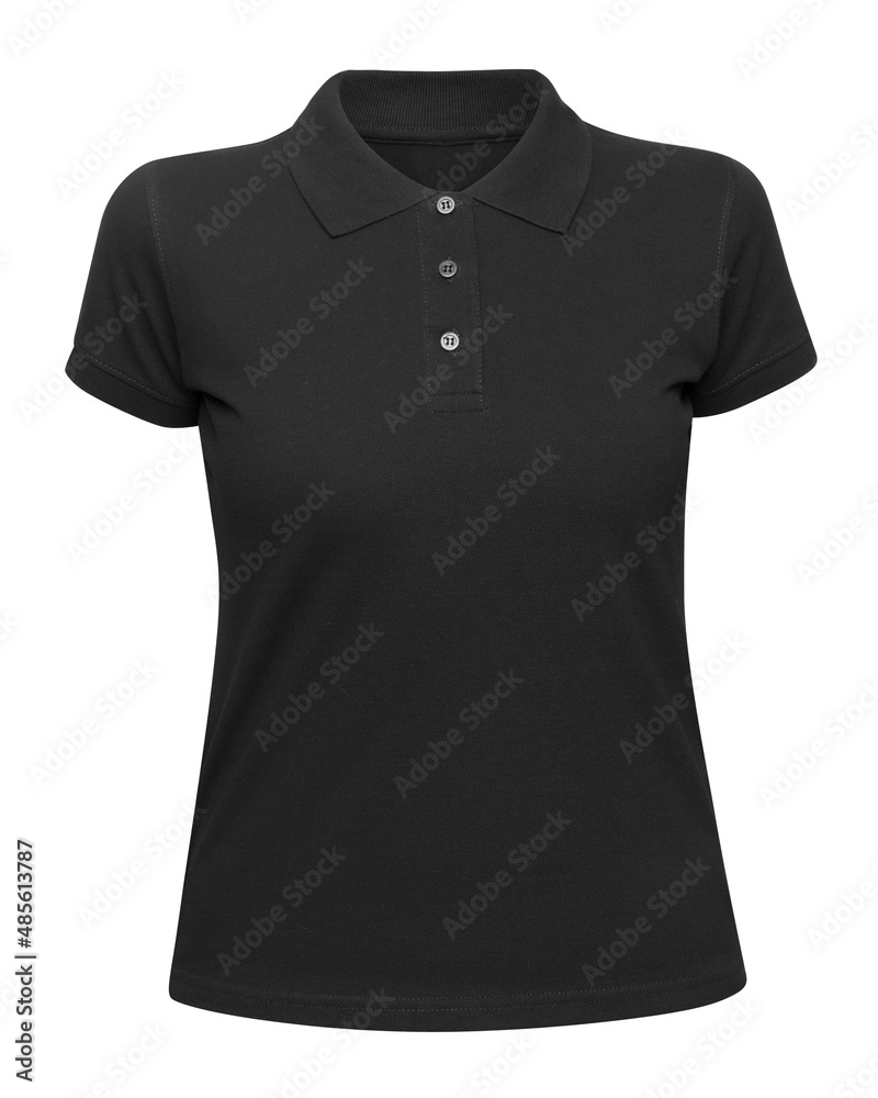 Woman black polo shirt isolated on white. Mockup female polo t-shirt ...
