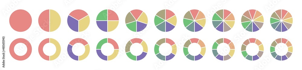 Pie chart set. Round colorful diagram with 2,3,4,5,6,7,8,9,10 sections ...