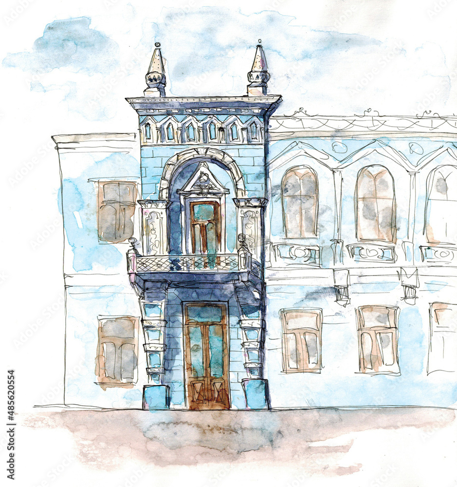 Watercolor hand drawn sketch illustration of Facade of an old blue ...