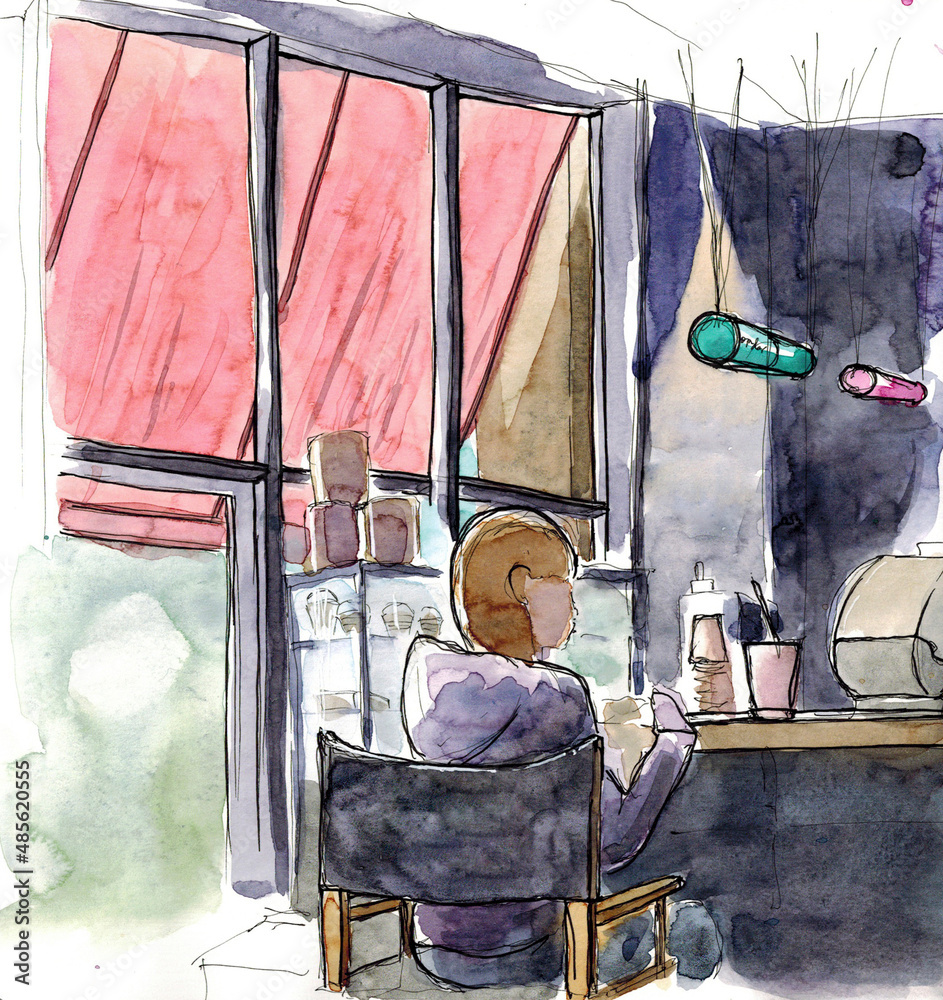 Watercolor hand drawn sketch illustration of girl sitting inside a ...