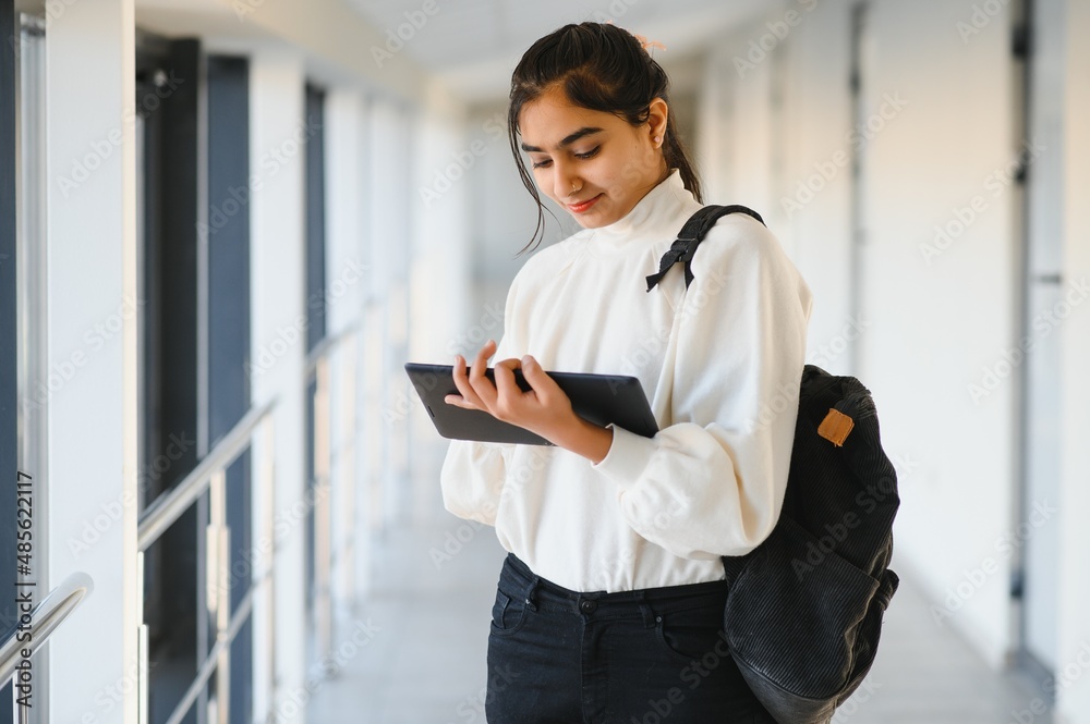 beautiful indian university student. The concept of higher education ...