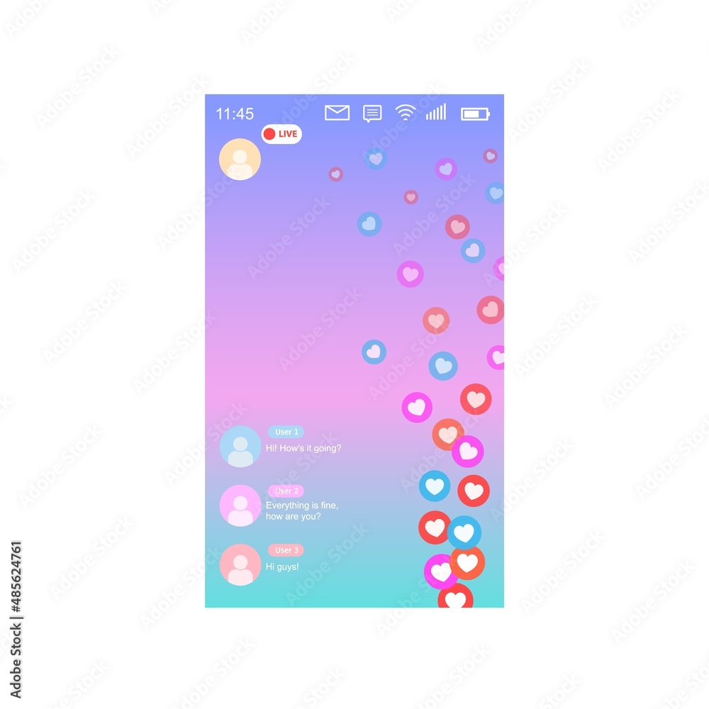 Mockup of mobile app with like live streaming. Interface photo frame ...