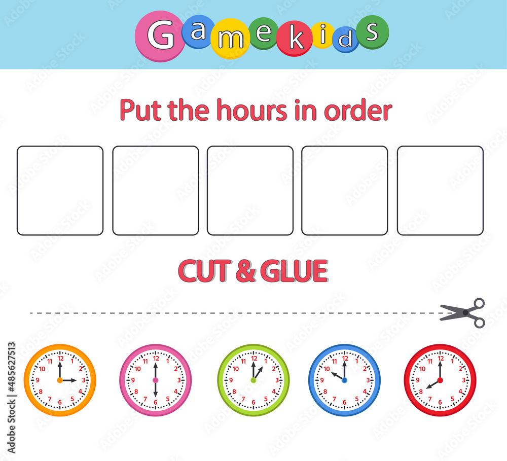 Vetor de Game for children to learn time. Cut and paste. Put the hours ...