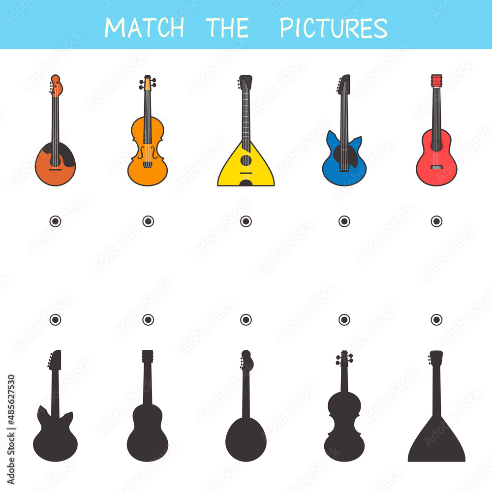 Educational children game. Find the correct shadow. Musical instruments ...