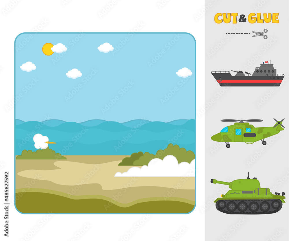 Game for children. Cut and paste. Match the transport going, floating ...