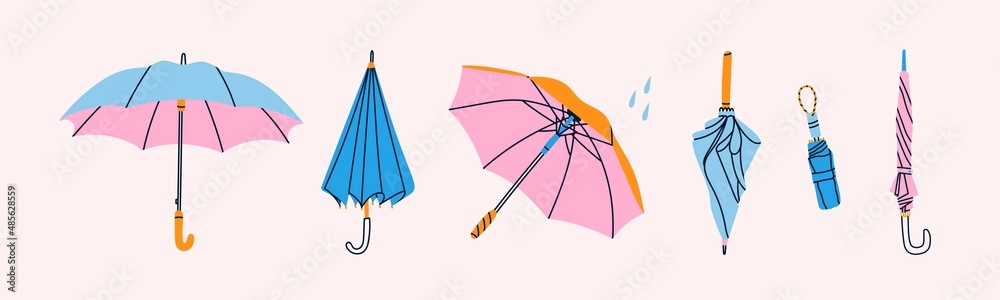 Set of different Umbrellas in various positions. Open and folded umbrellas. Muted colors. Hand ...