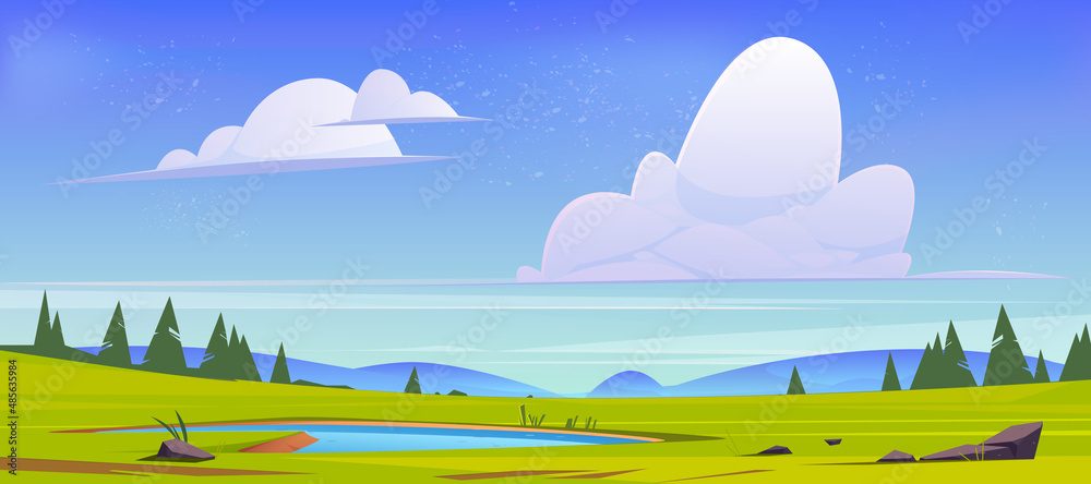 Cartoon nature landscape green field with pond, grass, rocks and ...