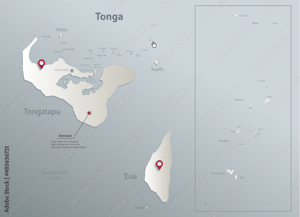 Tonga map, islands with names, blue white card paper 3D vector Stock ...