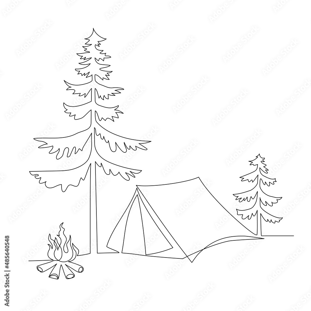 Single one line drawing camping landscape with bonfire. Stock Vector ...