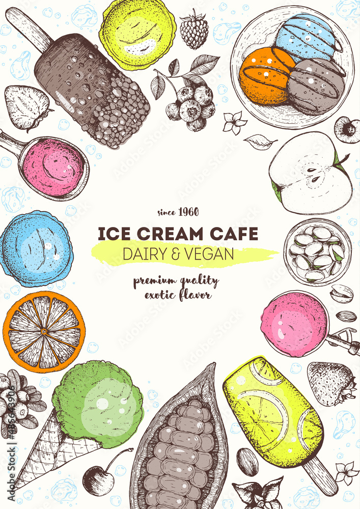 Ice cream top view frame. Hand drawn food elements with ice cream ...