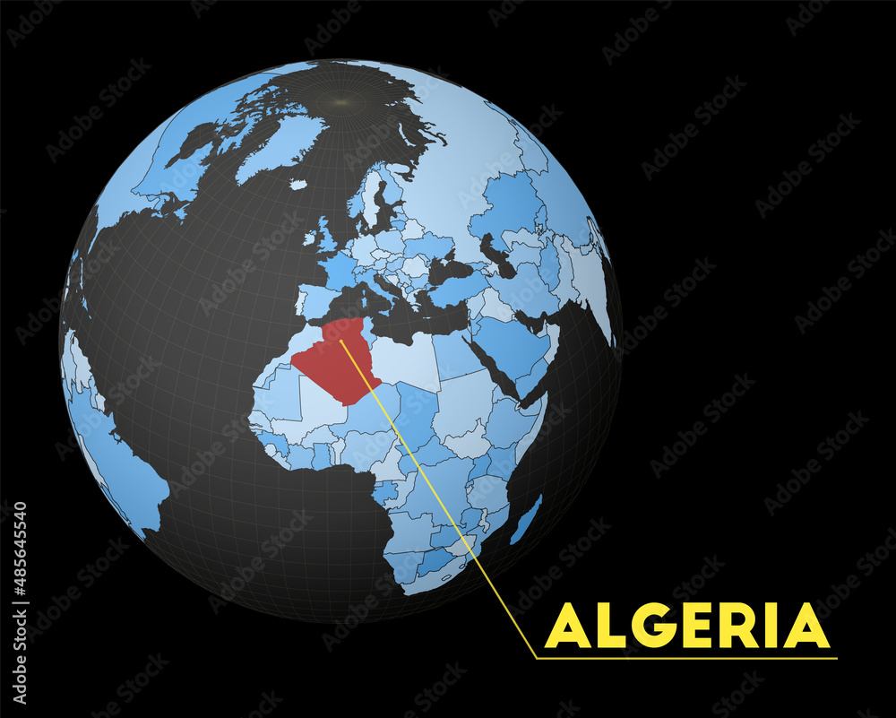 Algeria on dark globe with blue world map. Red country highlighted ...