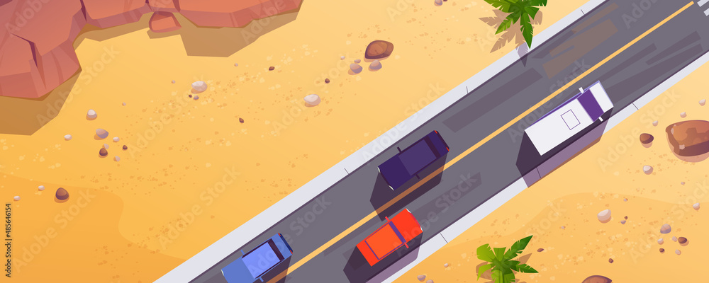 Top view to cars on road in desert or sea beach. Vector cartoon ...