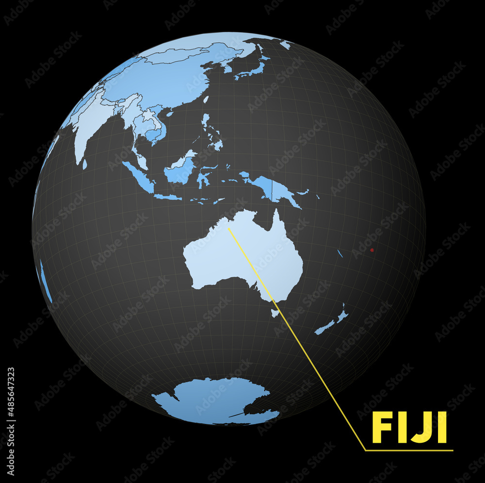 Fiji on dark globe with blue world map. Red country highlighted ...