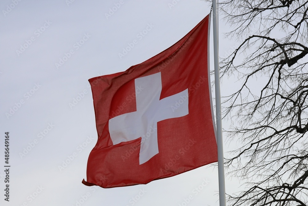 Drapeau Suisse sur fond de ciel nuageux , village de Aubonne, canton de ...