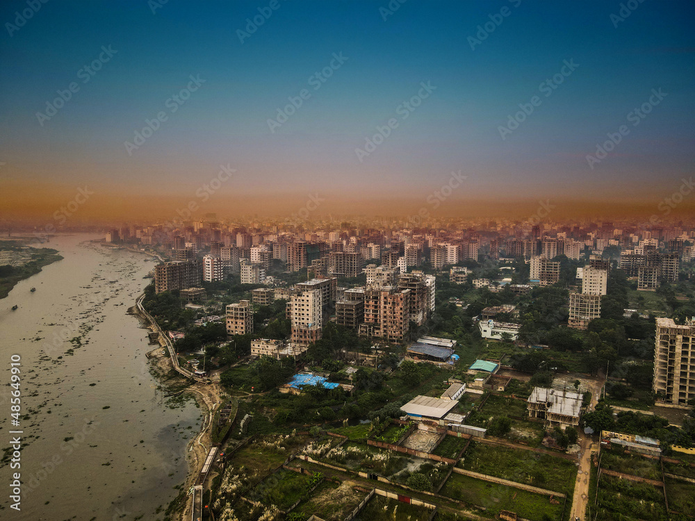 Long exposure sunset or sunrise over river side of Aerial panorama of ...