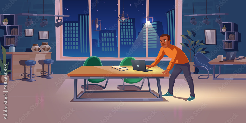 Man work late until night in office. Concept of overtime job, deadline ...