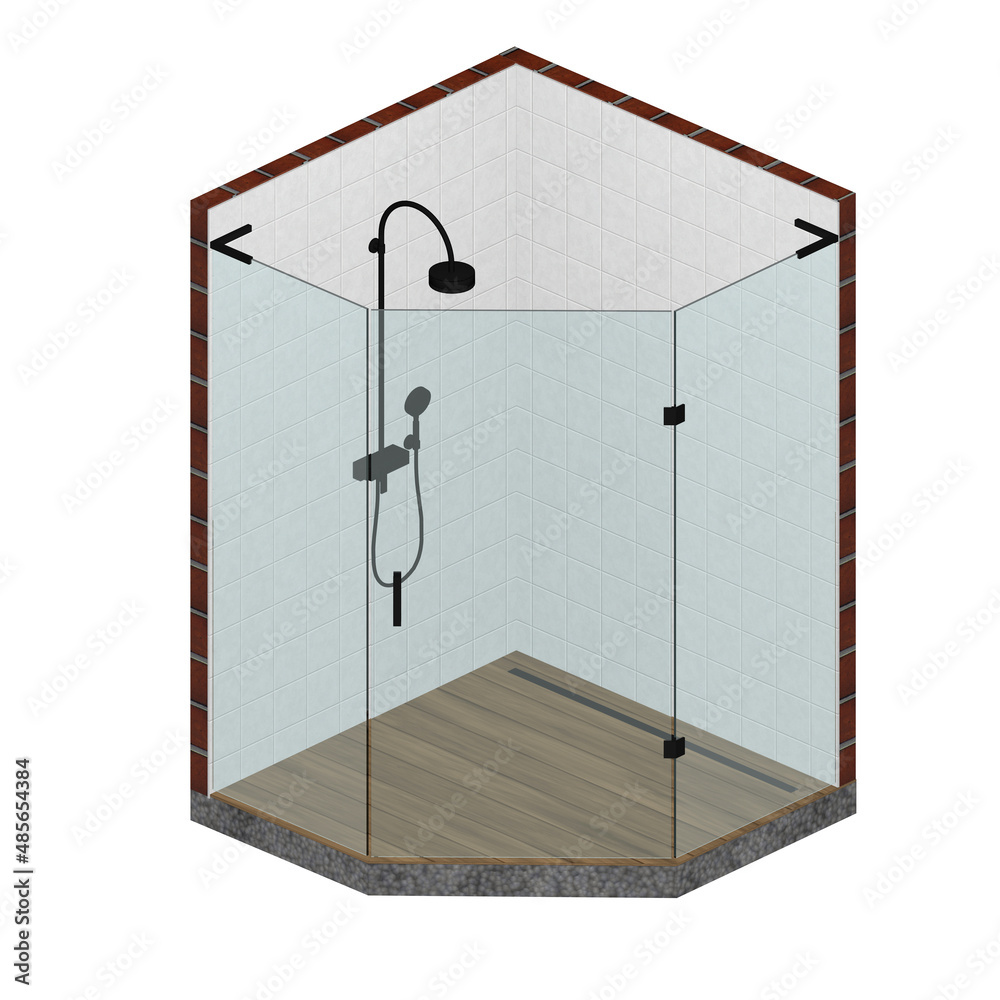 Schematic representation of a shower cabin. 3D shower screen. Shower ...