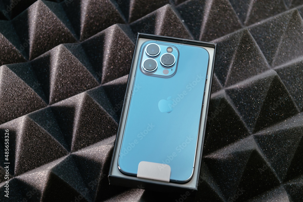 Paris, France - Sep 25, 2021: Directly above view of new triple camera ...