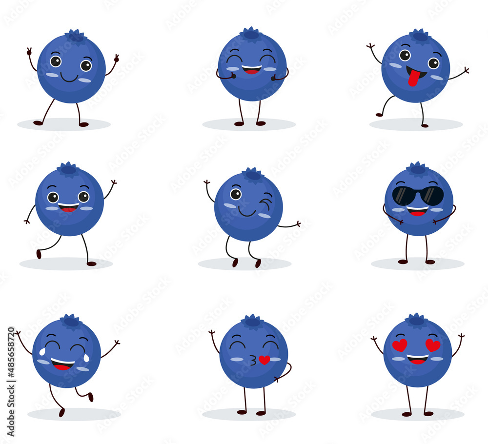 Cute happy blueberry character. Funny fruit emoticon in flat style ...