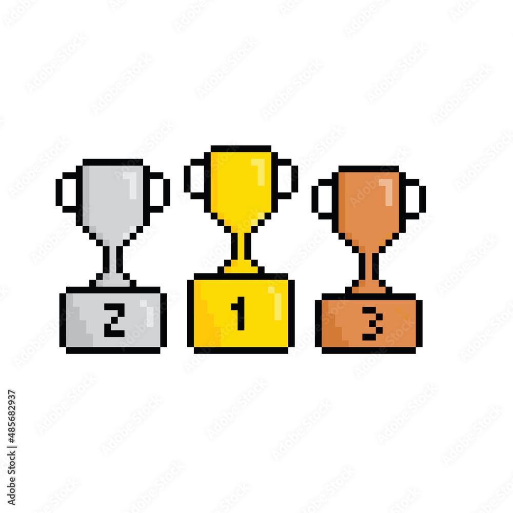 trophy pixel art icon vector gold silver and bronze trophy cup 8 bit ...