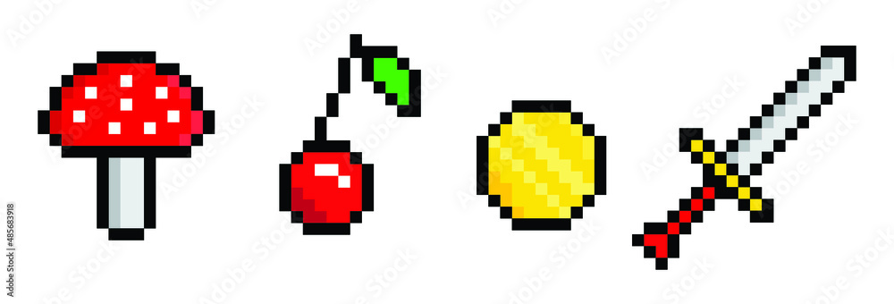 pixel sword, cherry, berry, coin and mushroom icon amanita pixel art ...