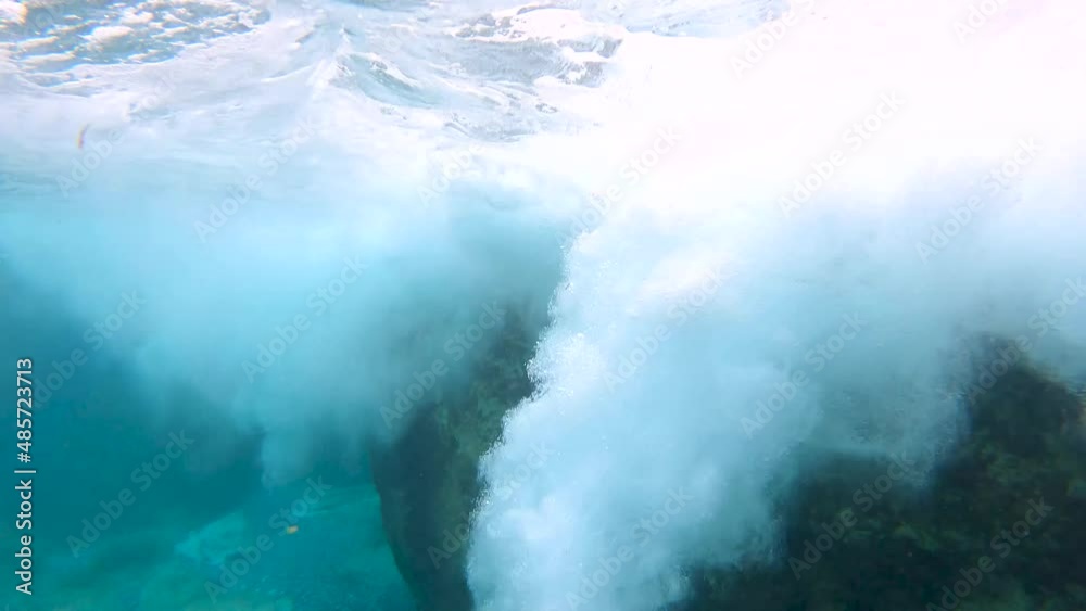 Powerful ocean wave breaking with underwater turbulence. Big waves ...