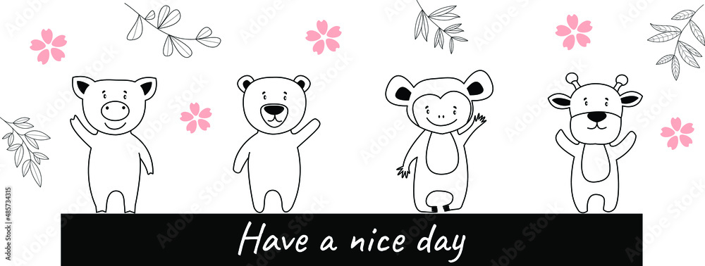 Vector image of linear set, black and white cute kids illustration ...