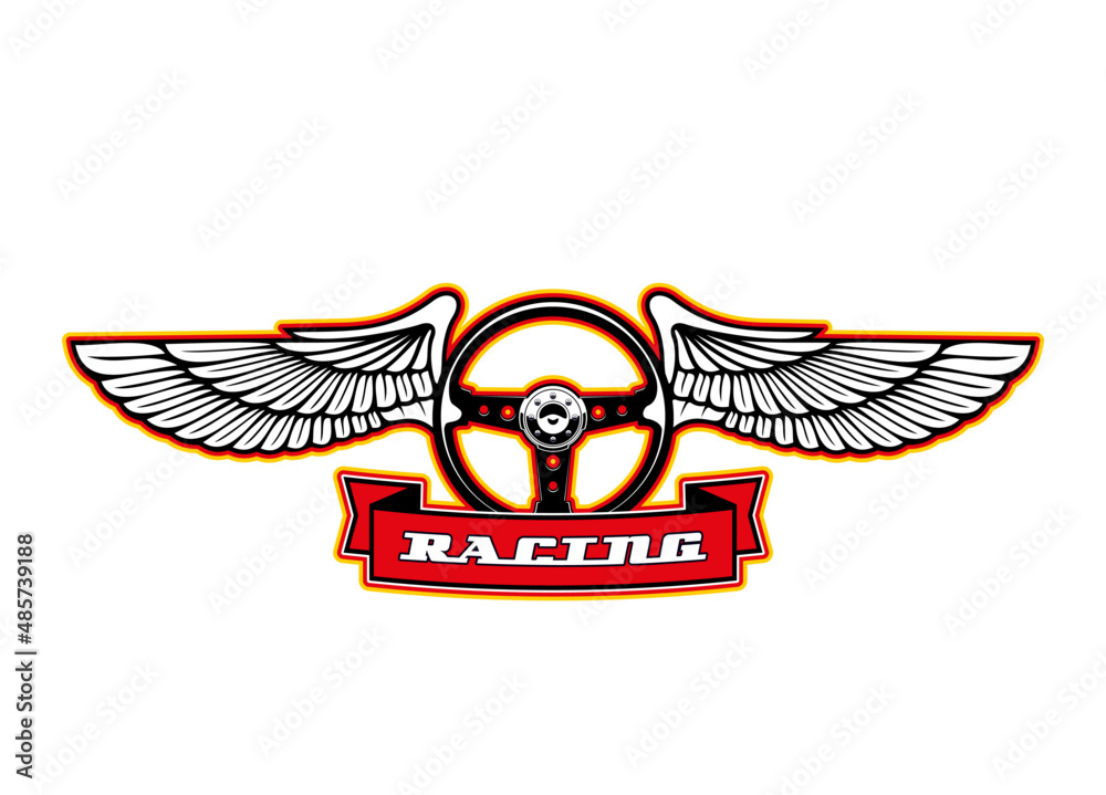 Racing sport icon, car races and motors rally symbol of wheel on wings ...