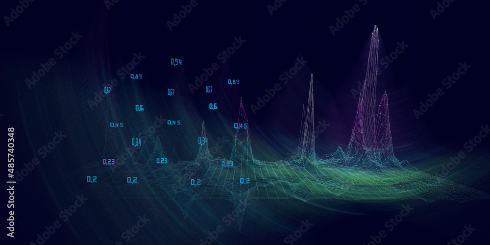 Abstract technology background with wireframe grid and blurred radial lines on dark. Visual ...