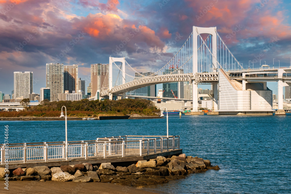 Tokyo summer. Japan sunset. Rainbow Bridge as seen from Odaiba. White ...