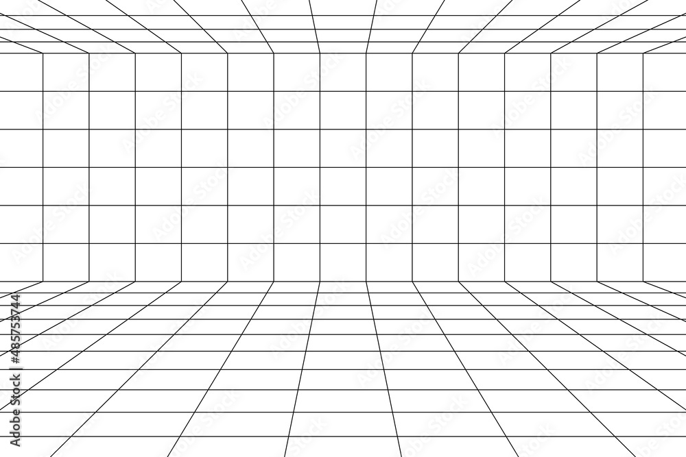3D digital grid of ceiling, wall and floor of room space with one point ...