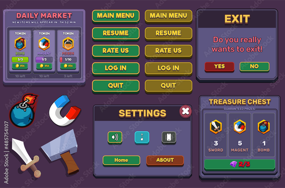 Action Game Ui Kit Menus, pop up, screens and Game elements Stock ...