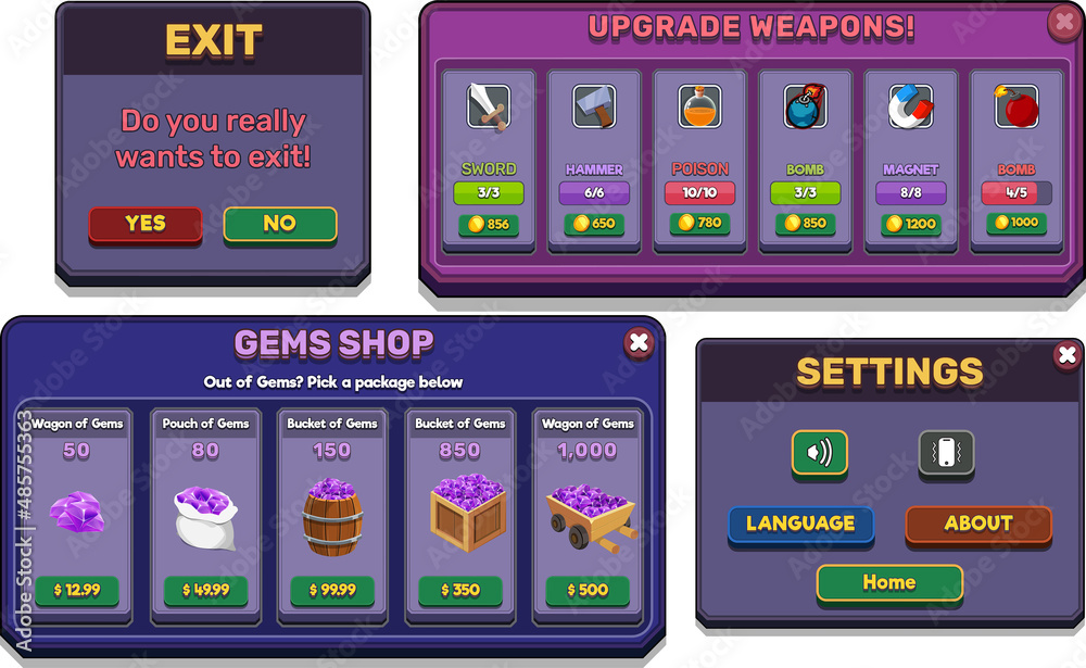 Action Game Ui Kit Menus, pop up, screens and Game elements Stock ...