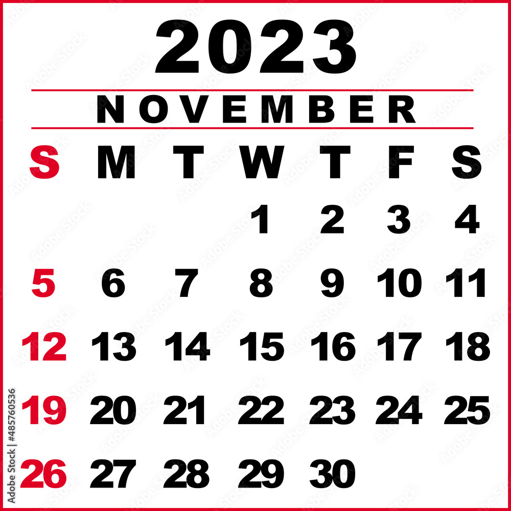 November 2023 Calendar illustration. The week starts on Sunday ...