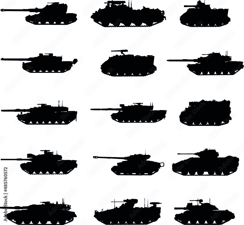 Illustration on white background. Vector silhouettes of tanks. military ...