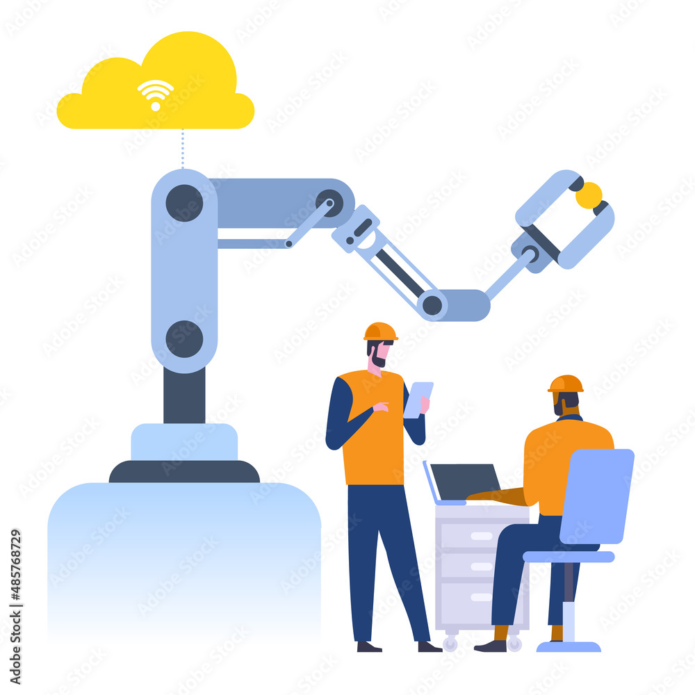 Manufacturing factory with robot technologies. Operator works on laptop ...