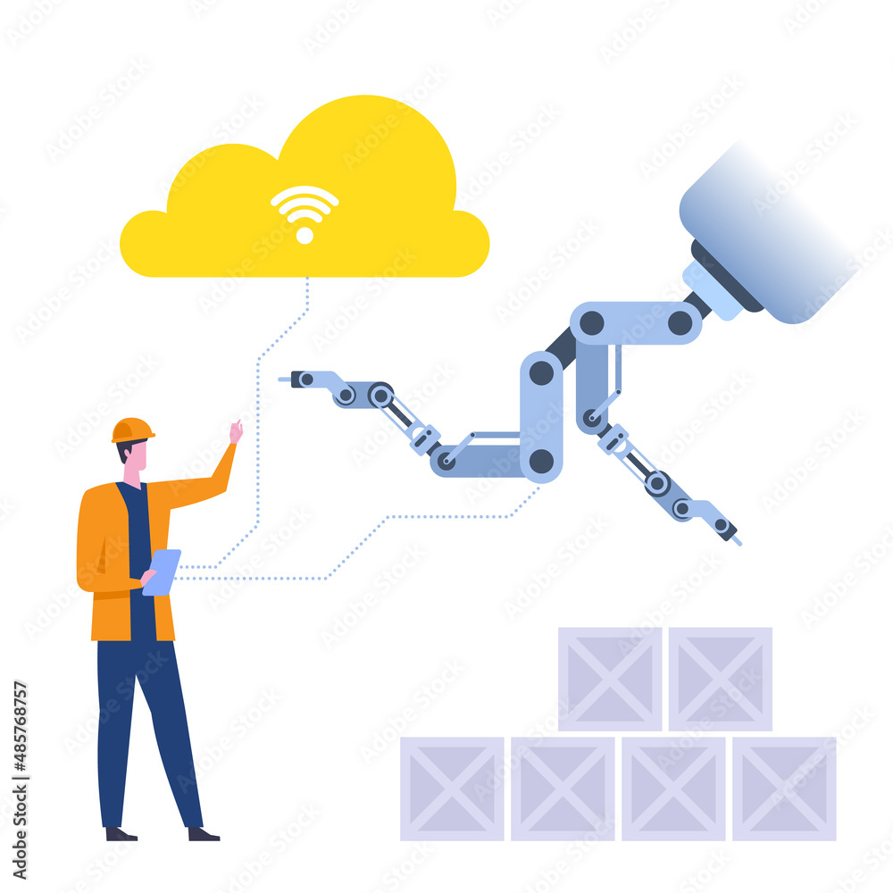 Automation and robot technology in warehouse concept. Man operator ...